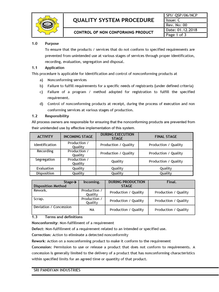 QSP 06 Control of Non Conforming Product | PDF | Business