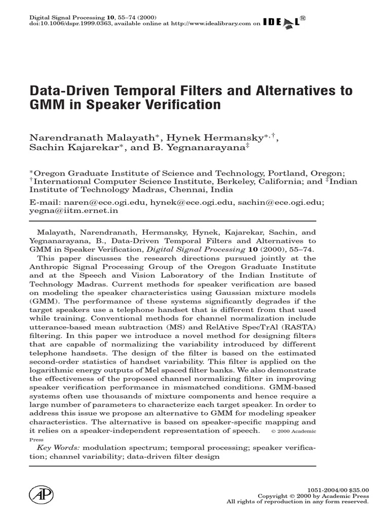 2000 - Data-Driven Temporal Filters and Alternatives To GMM in Speaker Verification | PDF ...