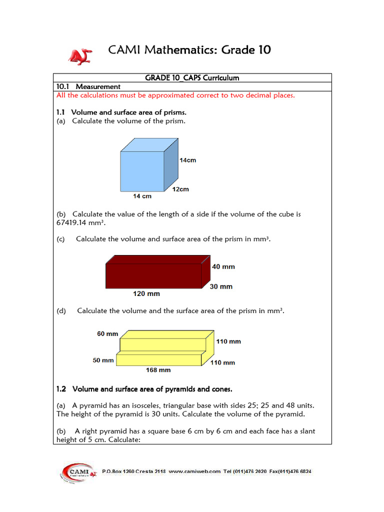Grade 10 Math: Volume & Surface Area | PDF | Volume | Area