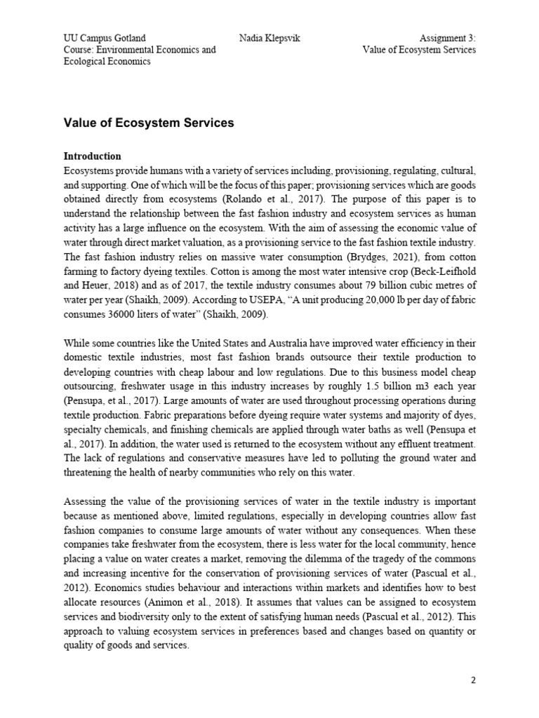 Value of Ecosystem Services | PDF | Water | Market (Economics)