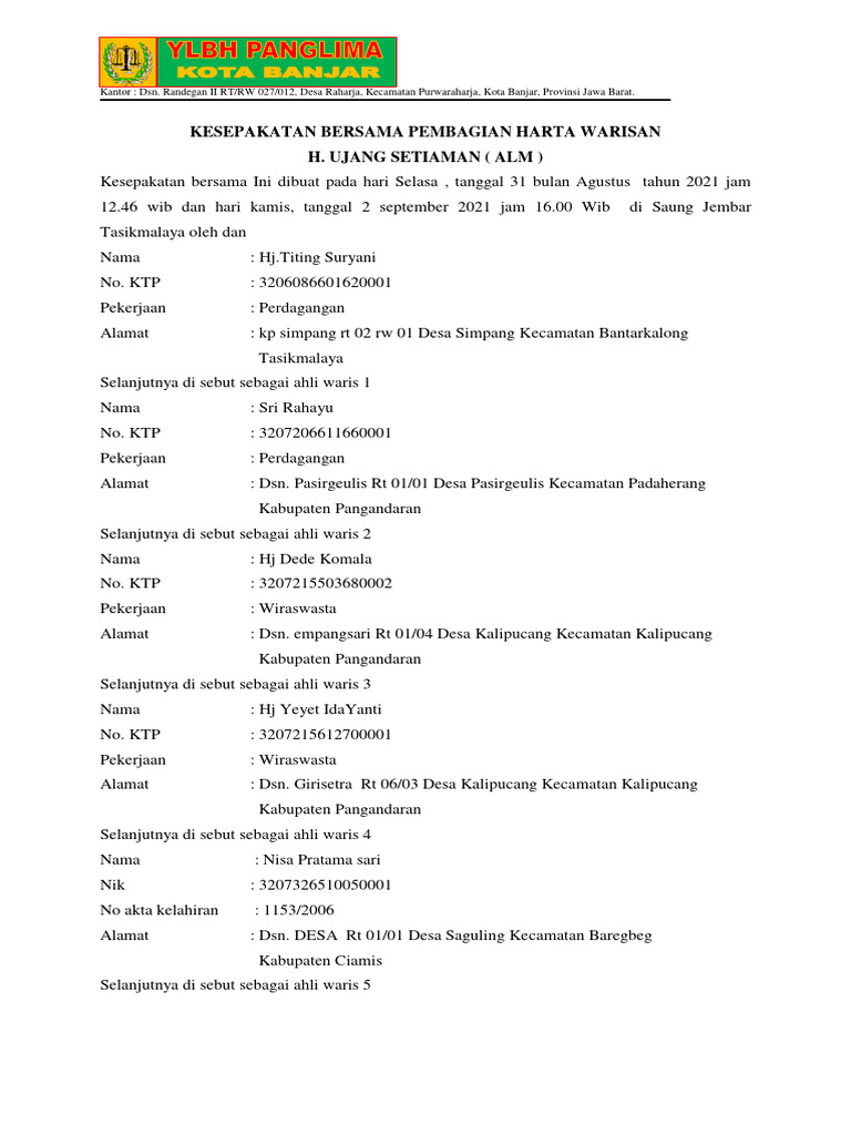 H Ujang S KESEPAKATAN BERSAMA PEMBAGIAN HARTA WARISAN Hari Selasa 31 Agustus 2021 | PDF | Griya ...