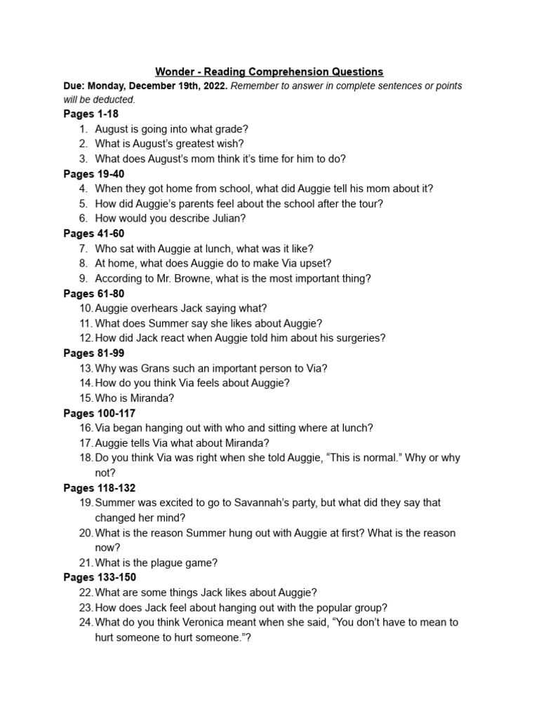 Wonder - Reading Comprehension Questions | PDF