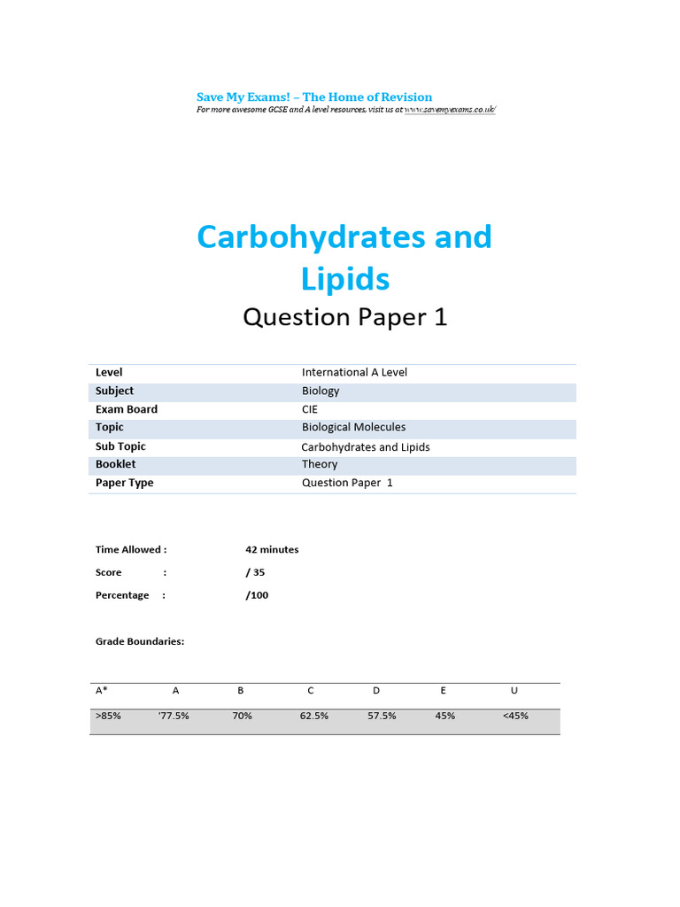 CIE A Level Biology: Carbohydrates & Lipids Exam | PDF | Membrane ...