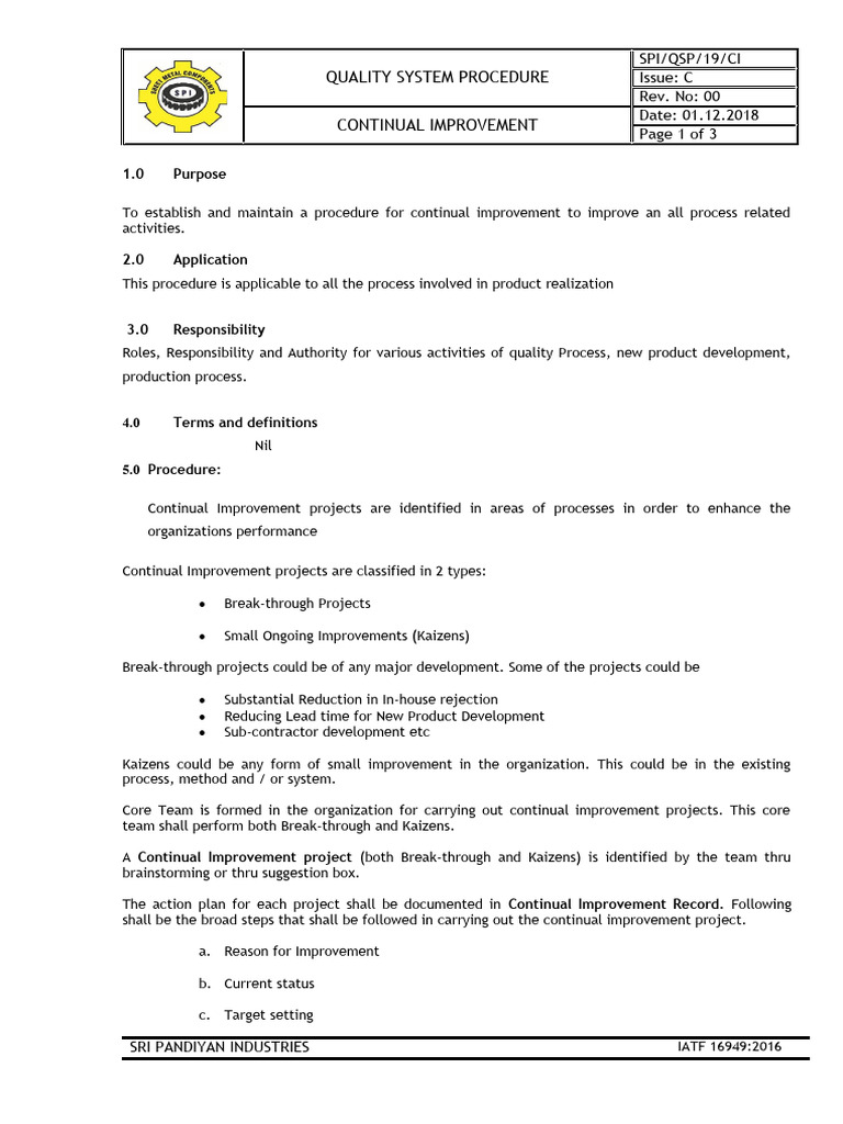 QSP 19.continual Improvement | PDF | Quality Management System | Business