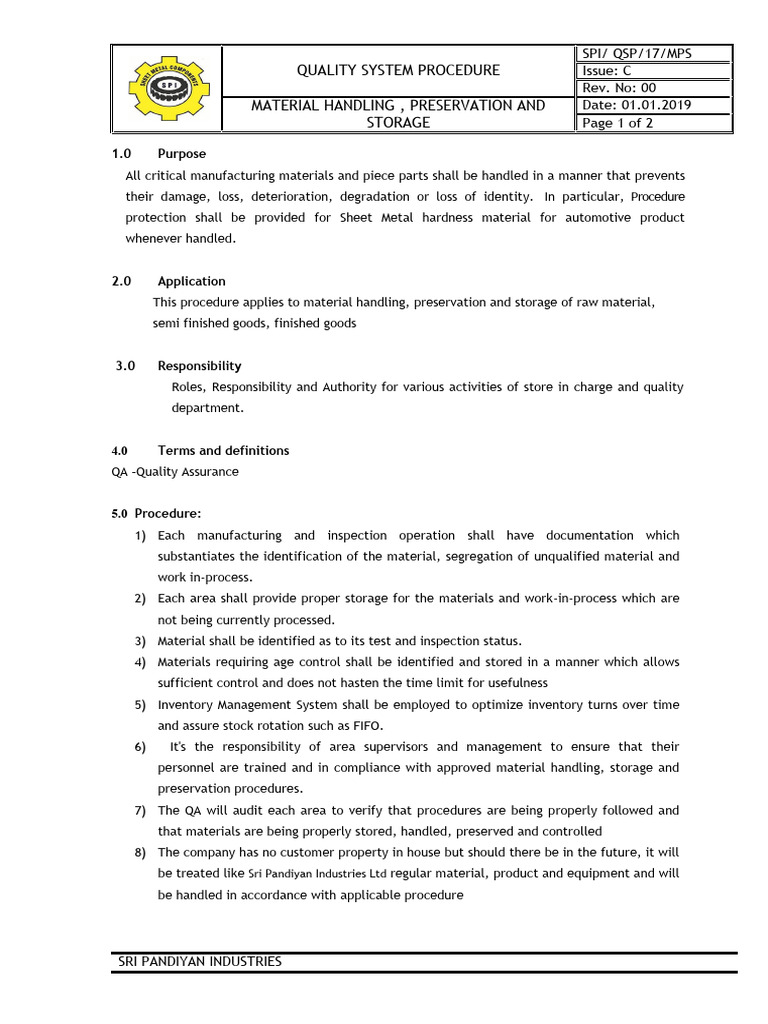 QSP 17.material Handling, Preservation | PDF | Quality Assurance | Business Process