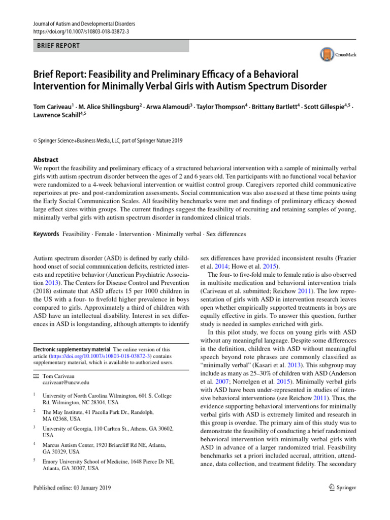 Brief Report Feasibility and Preliminary Efficacy of A Behavioral ...