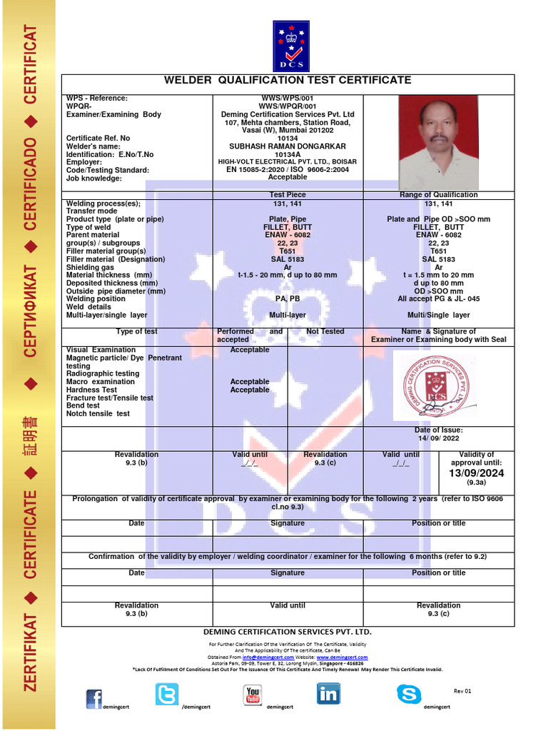 10134A - DCS - Welder Certificate - Dongarkar Subhash Raman - High Volt Electricals Pvt ...