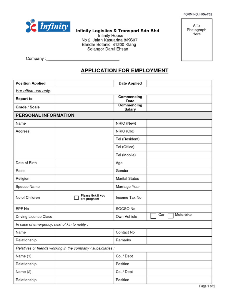 HRA-F02 Application For Employment | PDF