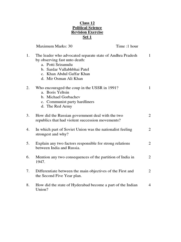 Class 12 Political Science Revision Set | PDF | Soviet Union | World ...
