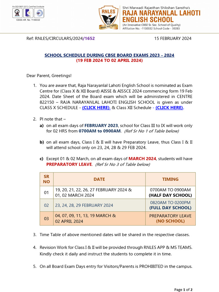 School Schedule for CBSE Exams 2024 | PDF