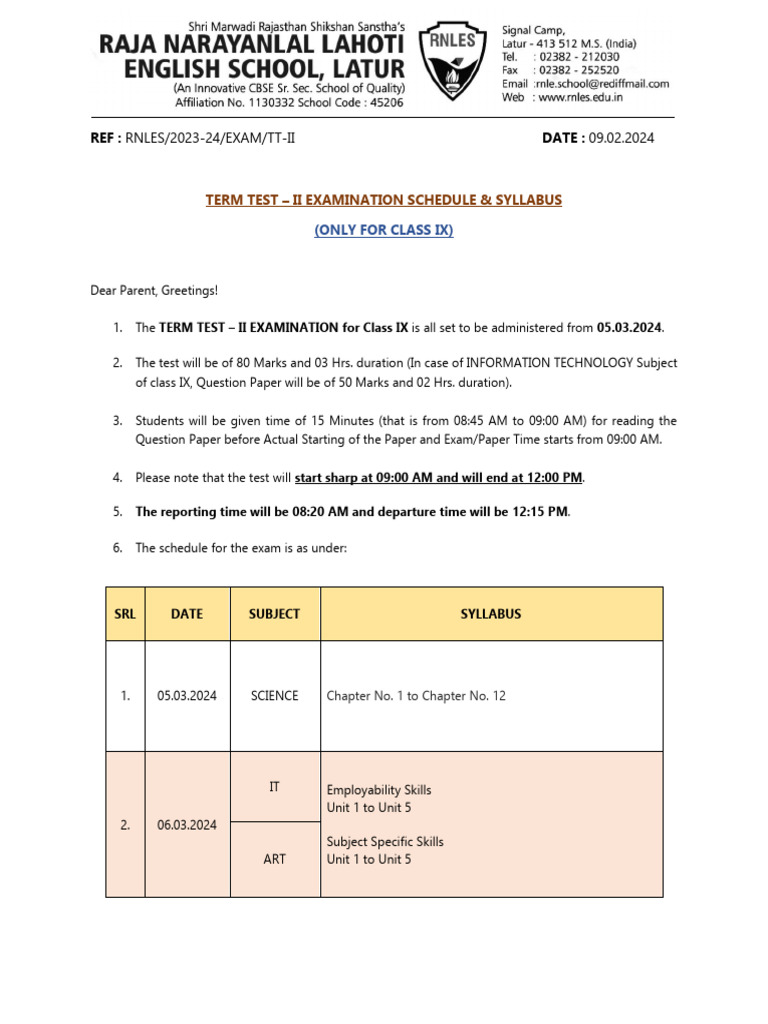 Class IX Term Test II Schedule & Syllabus | PDF | Area | Geometry