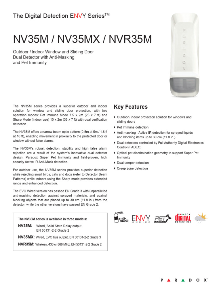 Paradox ENVY Series NV35M | PDF | Wireless | Infrared