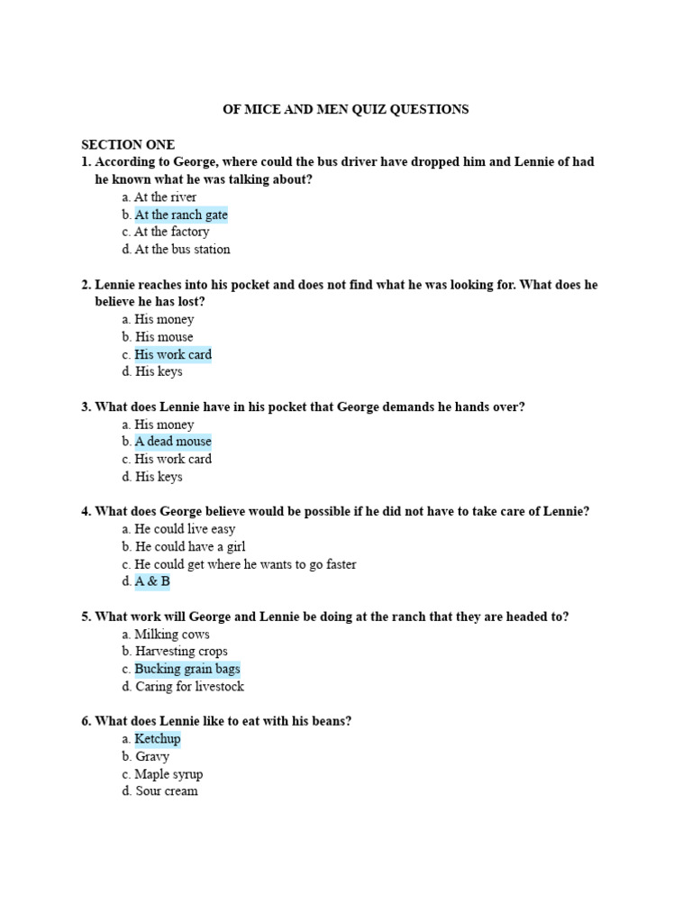 Of Mice and Men Quiz Questions | PDF