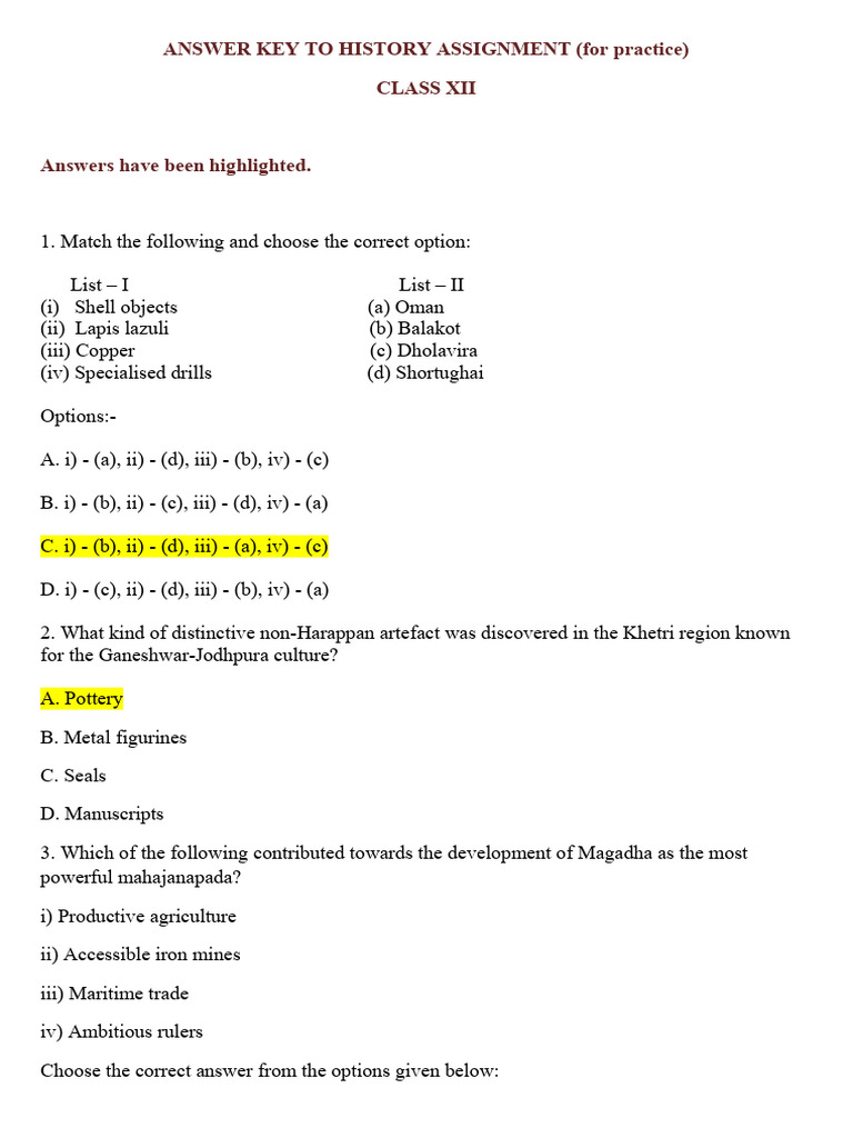 Answer Key To Class XII History Assignment (For Practice) | PDF | Mahatma Gandhi
