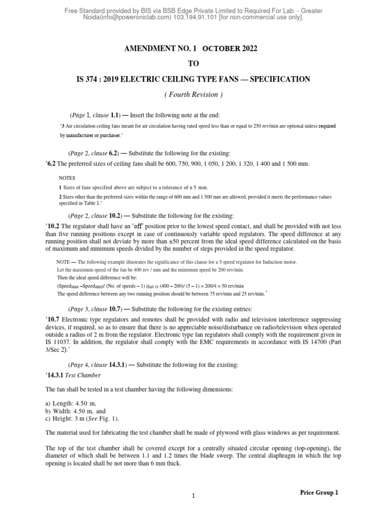 Amendment No. 1 OCTOBER 2022 TO Is 374: 2019 Electric Ceiling Type Fans ...