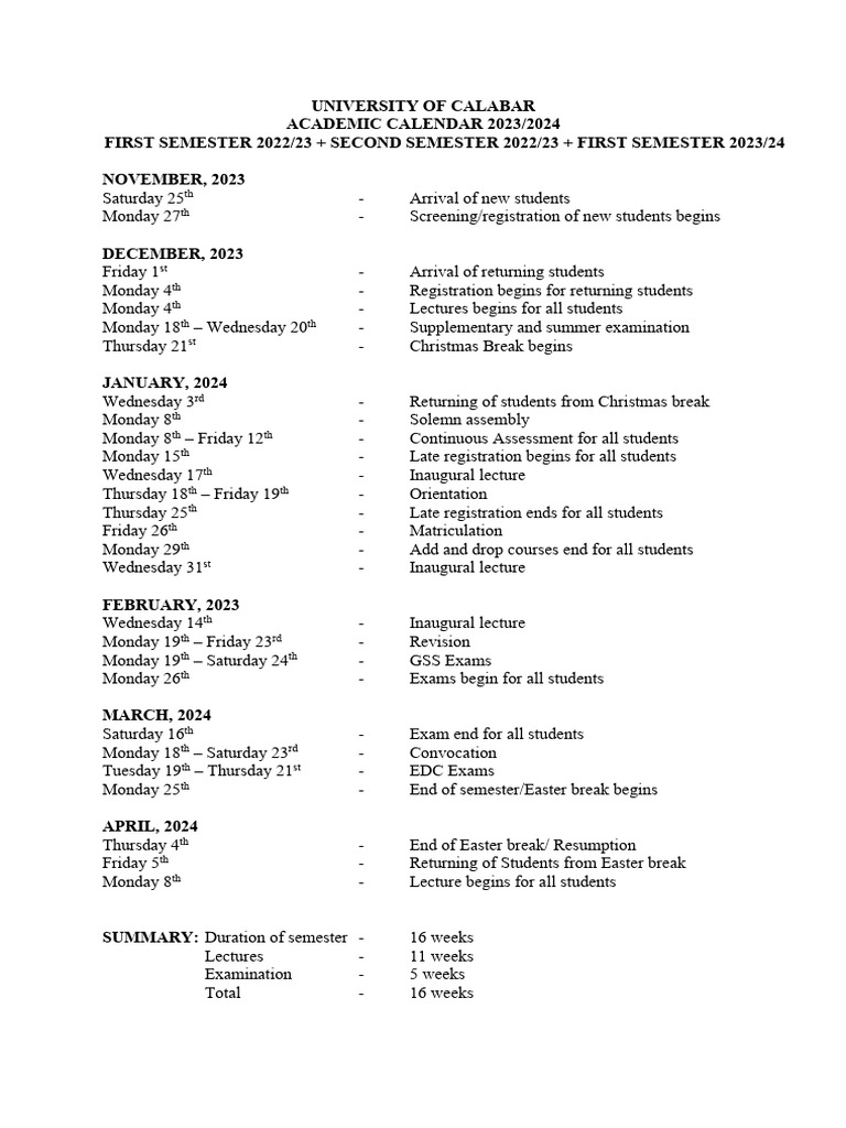 UNICAL Academic Calendar 2023/24 | PDF