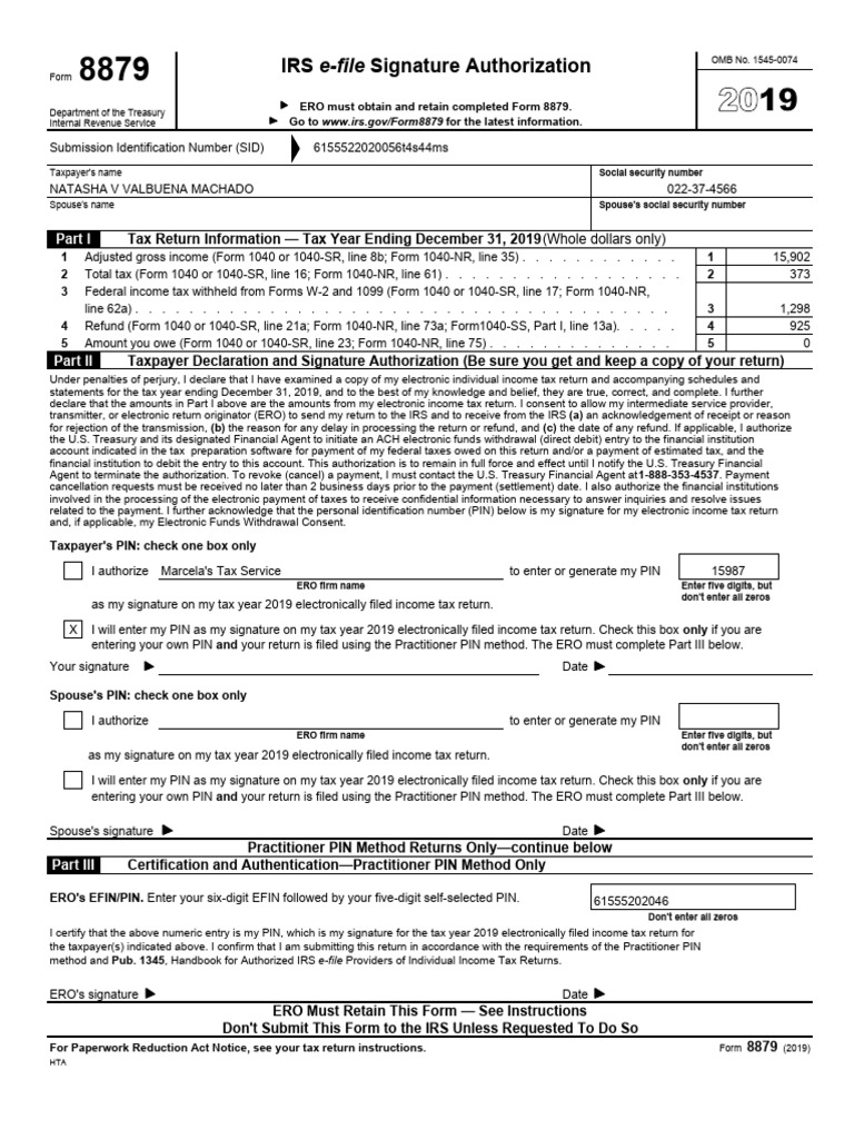 IRS Form 8879 e-File Authorization | PDF | Tax Refund | Irs Tax Forms