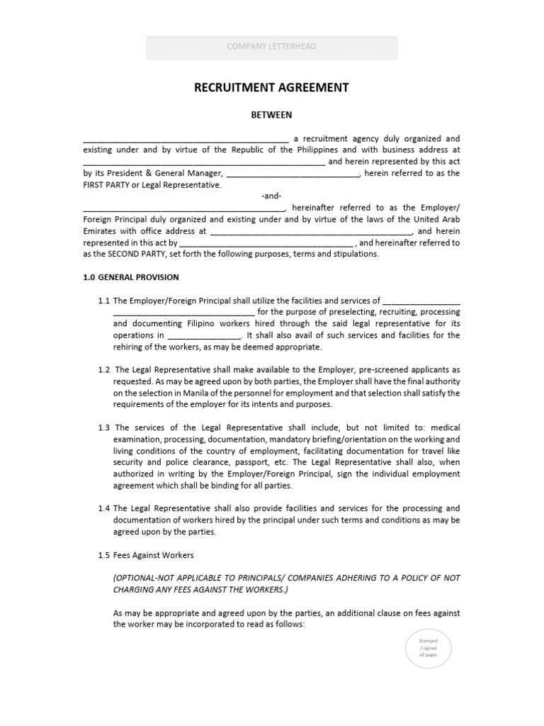 Recruitment Agreement Essentials | PDF | Employment | Payments
