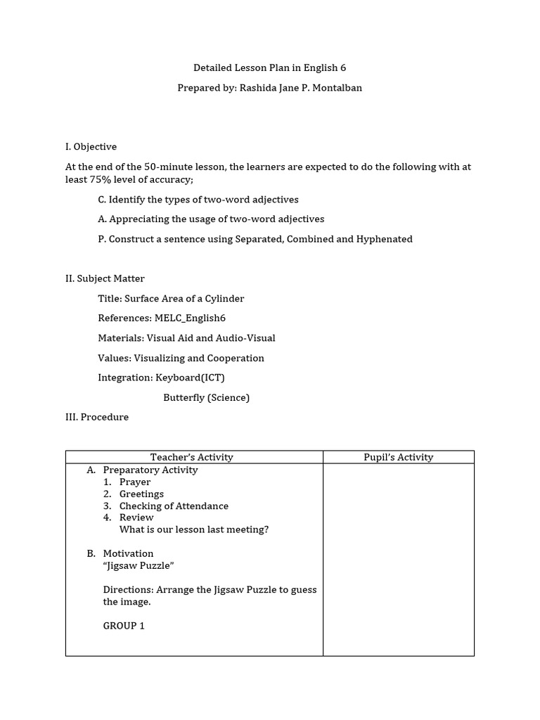 Detailed Lesson Plan in English 6 | PDF | Linguistics | Syntax
