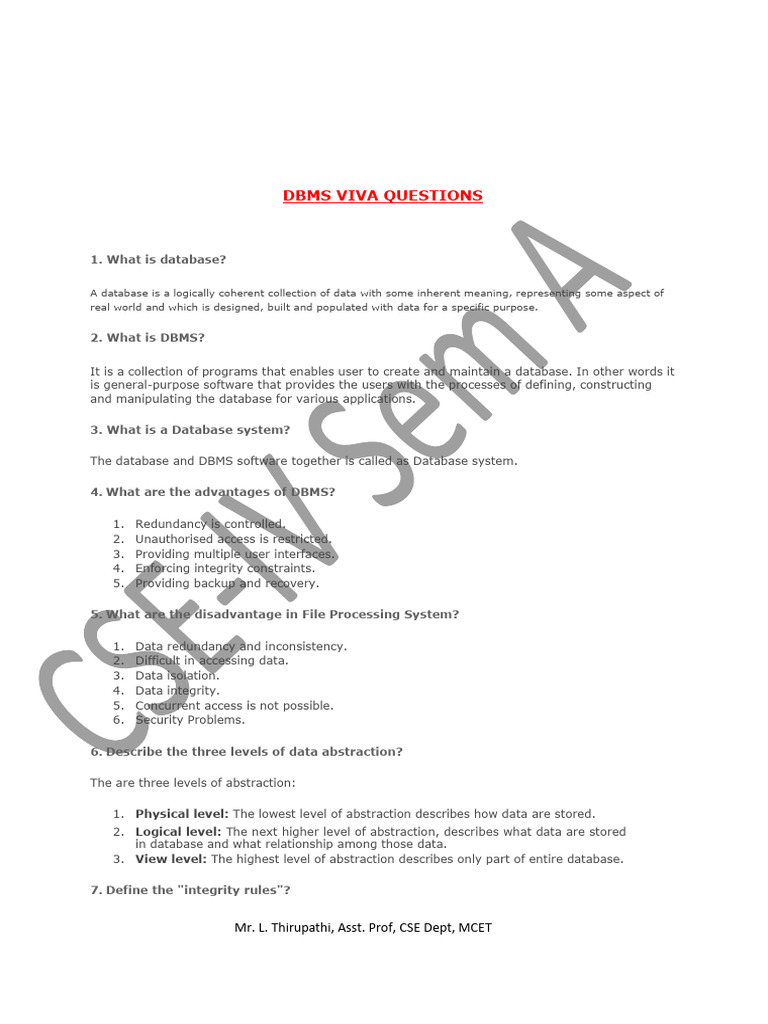 Thiru DBMS Viva-FAQs | PDF | Relational Database | Databases