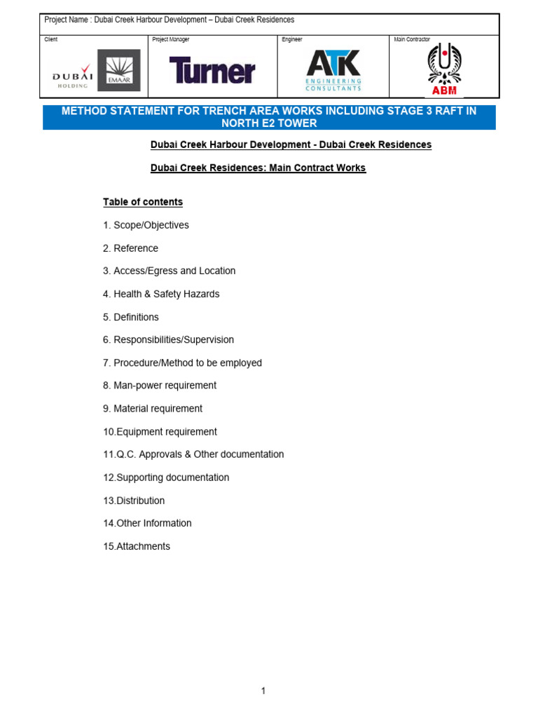 Method Statement For Temporory Works For Trench Area in South E2 Tower ...