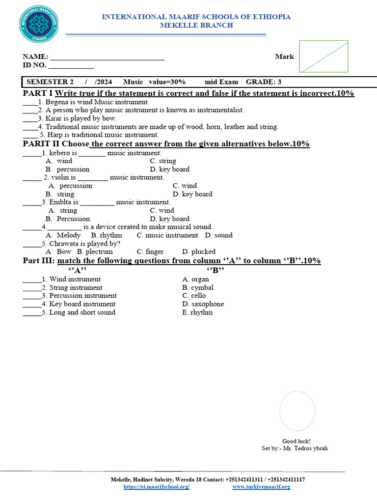 MID EXAM FOR GRADE 3 AND 4 | PDF | String Instruments | Musical Instruments