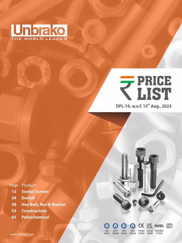 New Unbrako Price List No.19 W.E.F. 15 Aug. 2023 | PDF | Screw | Nut ...