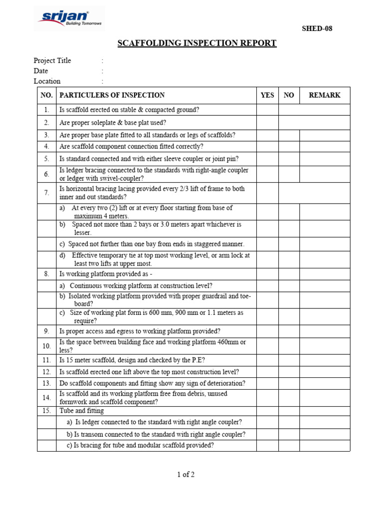 10.SHED-08 Scaffolding Inspection Report | PDF | Scaffolding | Equipment
