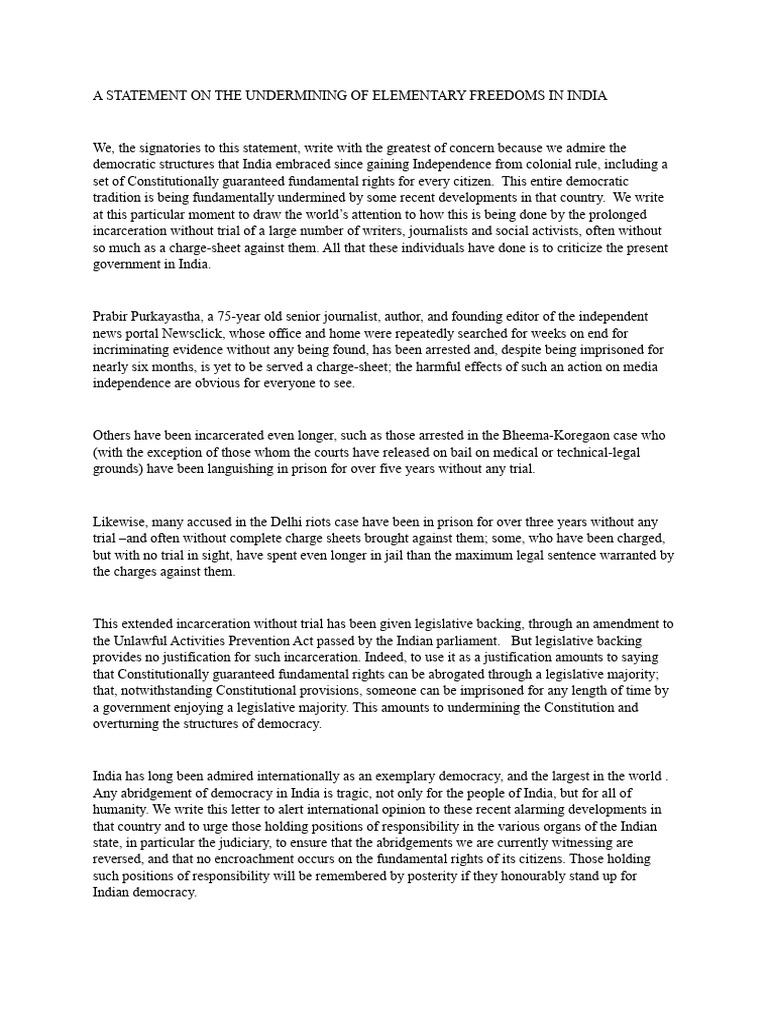 A Statement On The Undermining of Elementary Freedoms in India | PDF ...