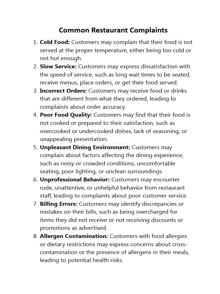 Common Restaurant Complaints | PDF
