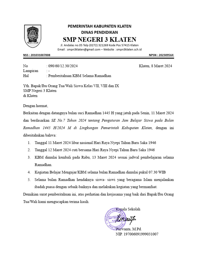 Surat Pemberitahuan Ramadhan 2024 | PDF