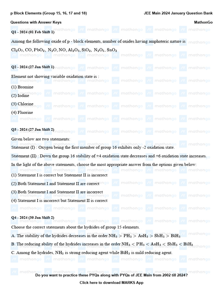 p Block Elements (Group 15, 16, 17 & 18) - JEE Main 2024 January ...