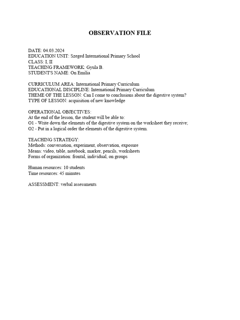 Observation File | Download Free PDF | Digestion | Human Digestive System