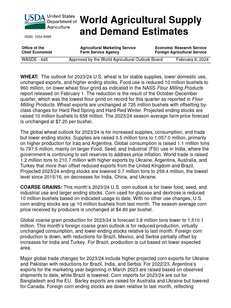 2024 - USDA - World Agricultural Supply | PDF | Cereals | Sugarcane