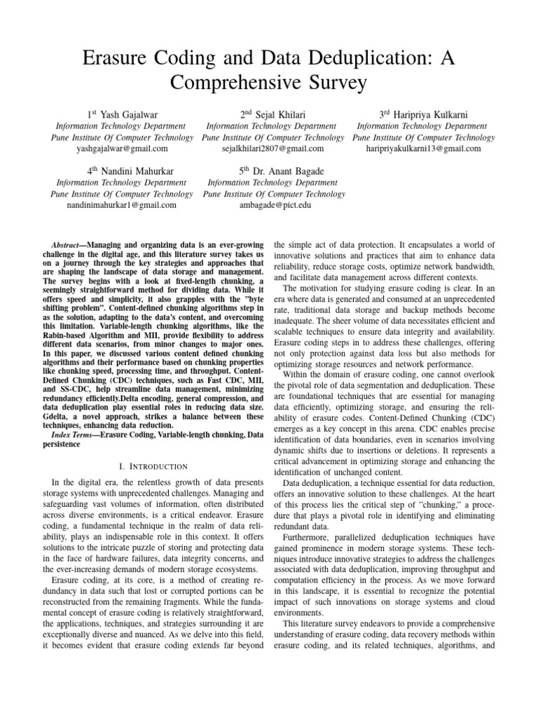 Erasure Coding And Data Deduplication Survey Pdf Data Compression Computer Data Storage