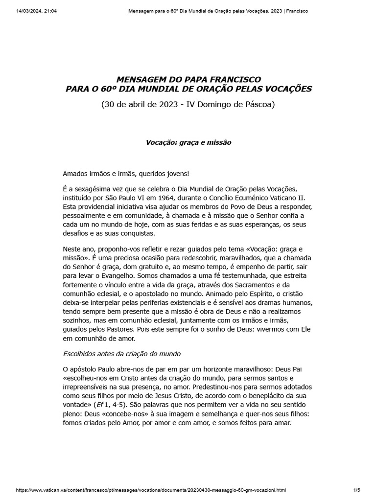 Mensagem Para O 60º Dia Mundial De Oração Pelas Vocações 2023