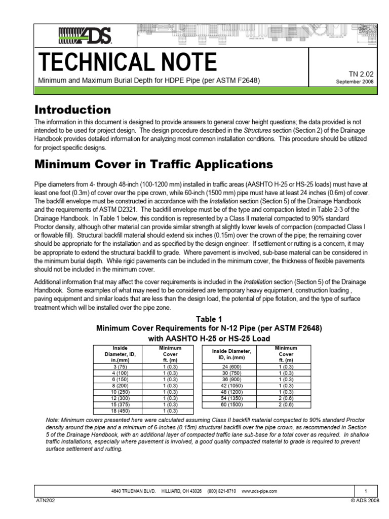 Minimum Cover Requirements for HDPE Pipe | PDF | Technology & Engineering