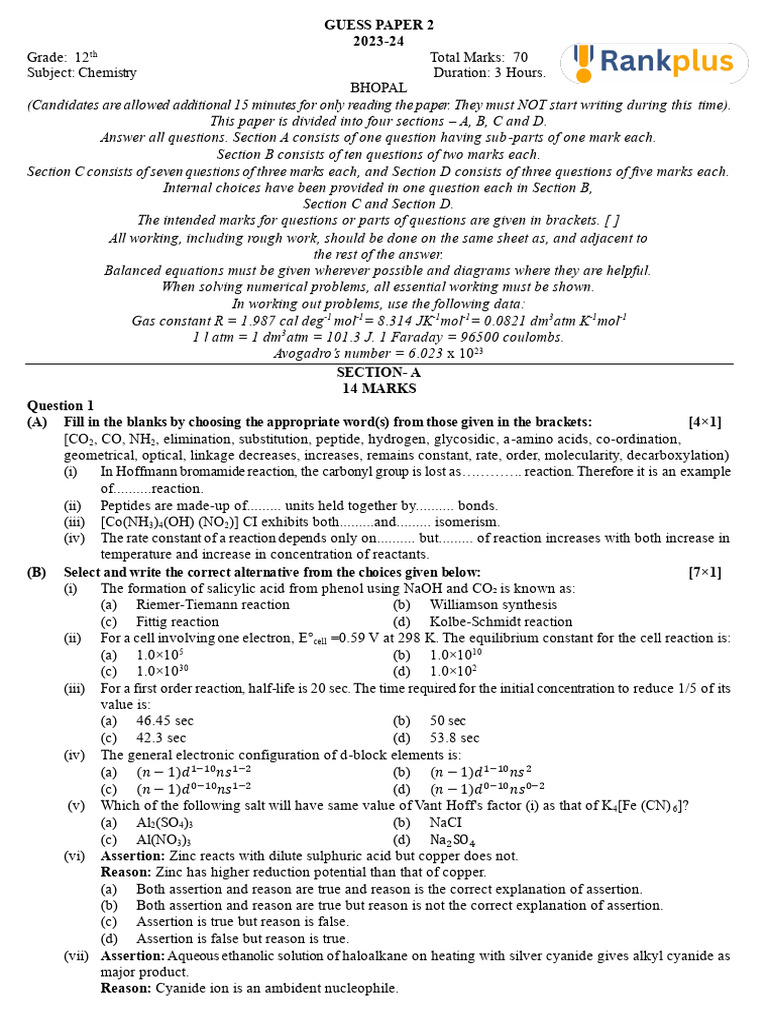 Guess Paper 2 Chemistry Isc | PDF | Chemical Reactions | Acid