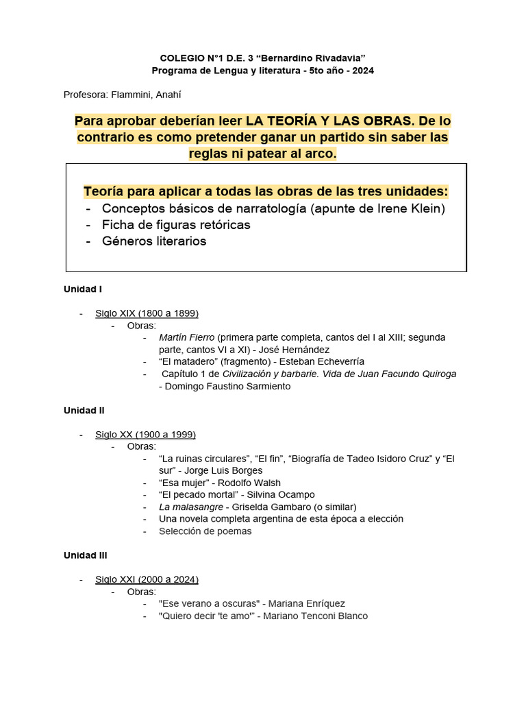 Programa Lengua y Literatura 5to Año 2024 | PDF | Autor | Escritura
