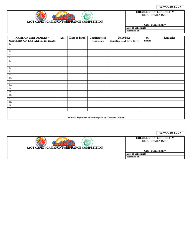 Capiznon Folk Dance Competition Checklist | PDF