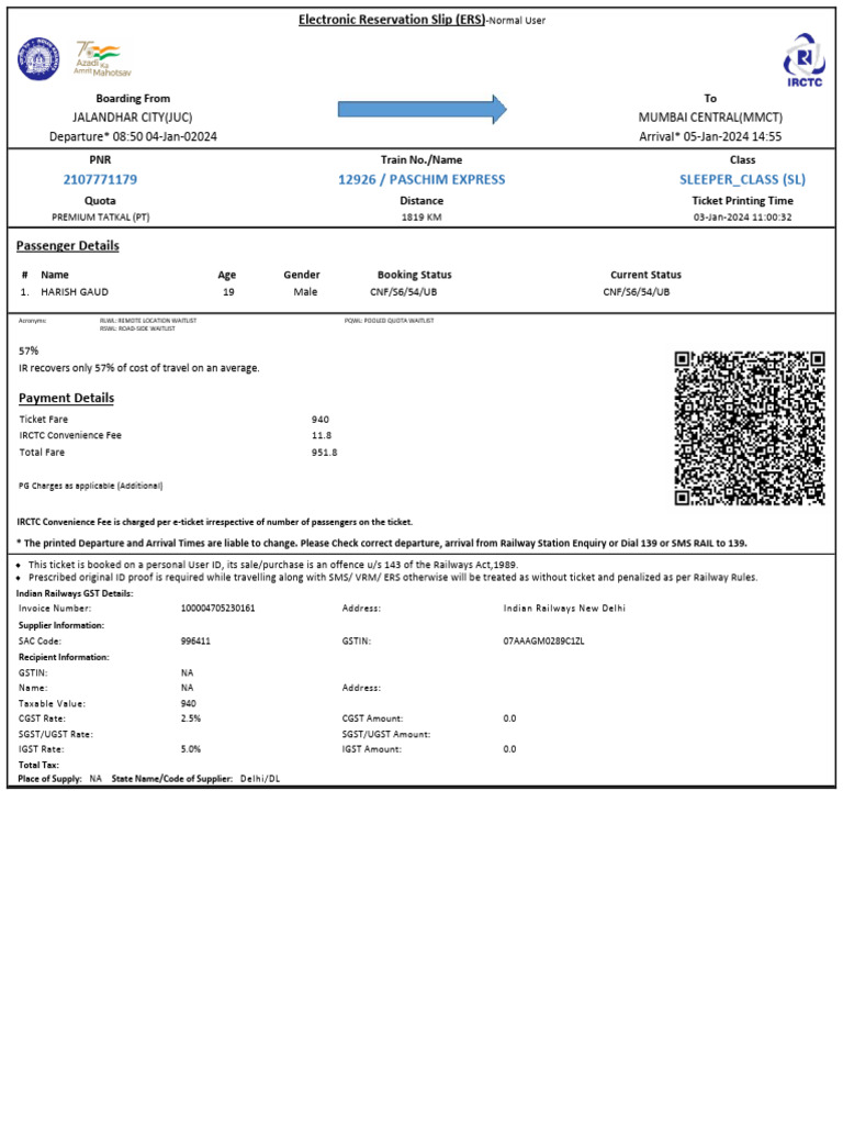 Print - JALANDHAR CITY (JUC) - MUMBAI CENTRAL (MMCT) - 2107771179 | PDF | Payments | Taxes