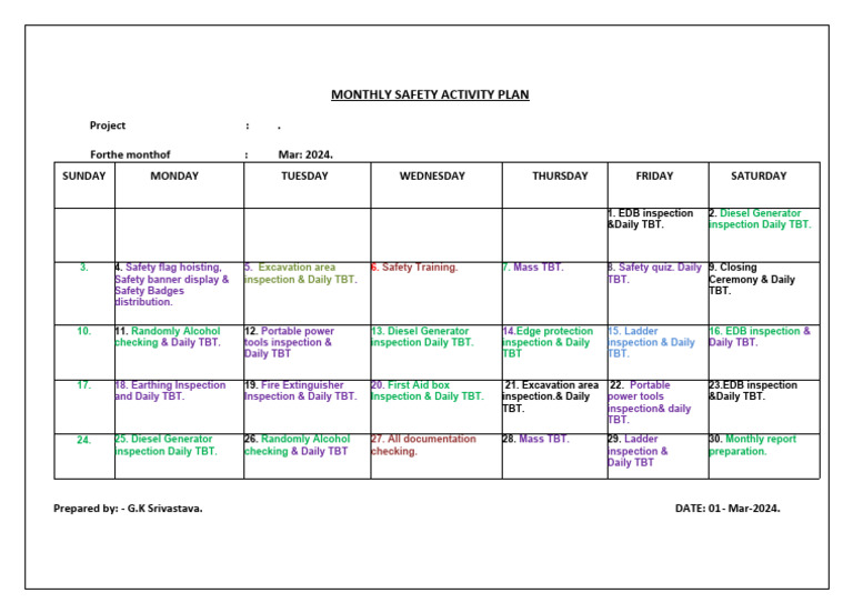 Monthly Safety Activity Plan Mar-2024 | PDF | Technology & Engineering