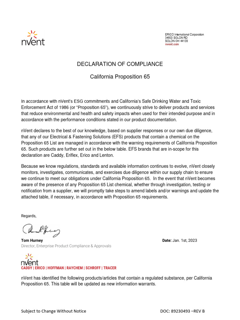 Nvent Prop 65 Declaration EFS 89230493 | PDF | Electrical Connector ...