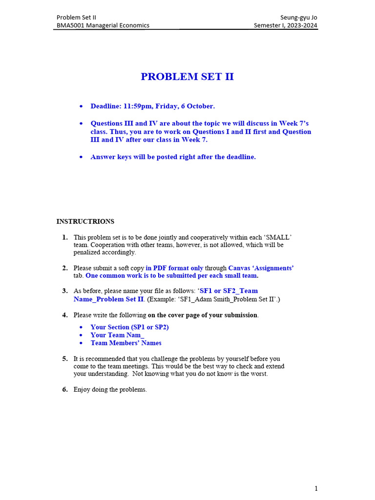 BMA5001 Problem Set II-2 | PDF | Profit (Economics) | Marginal Cost