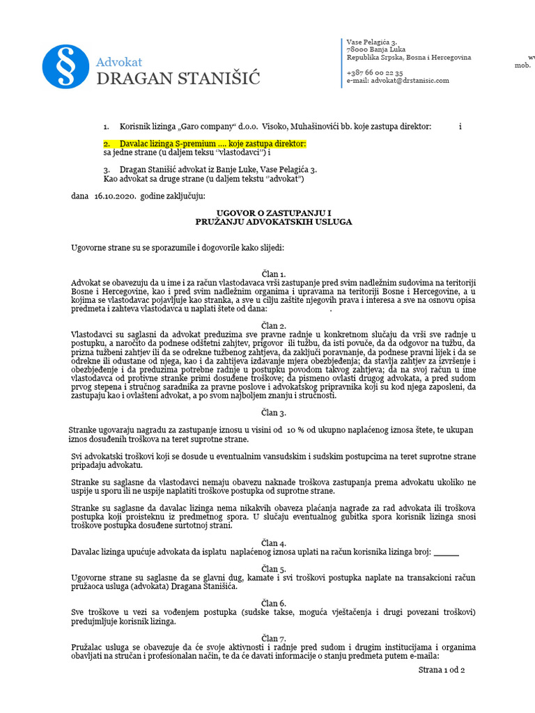 Ugovor o zastupanju advokat vozilo lizing | PDF