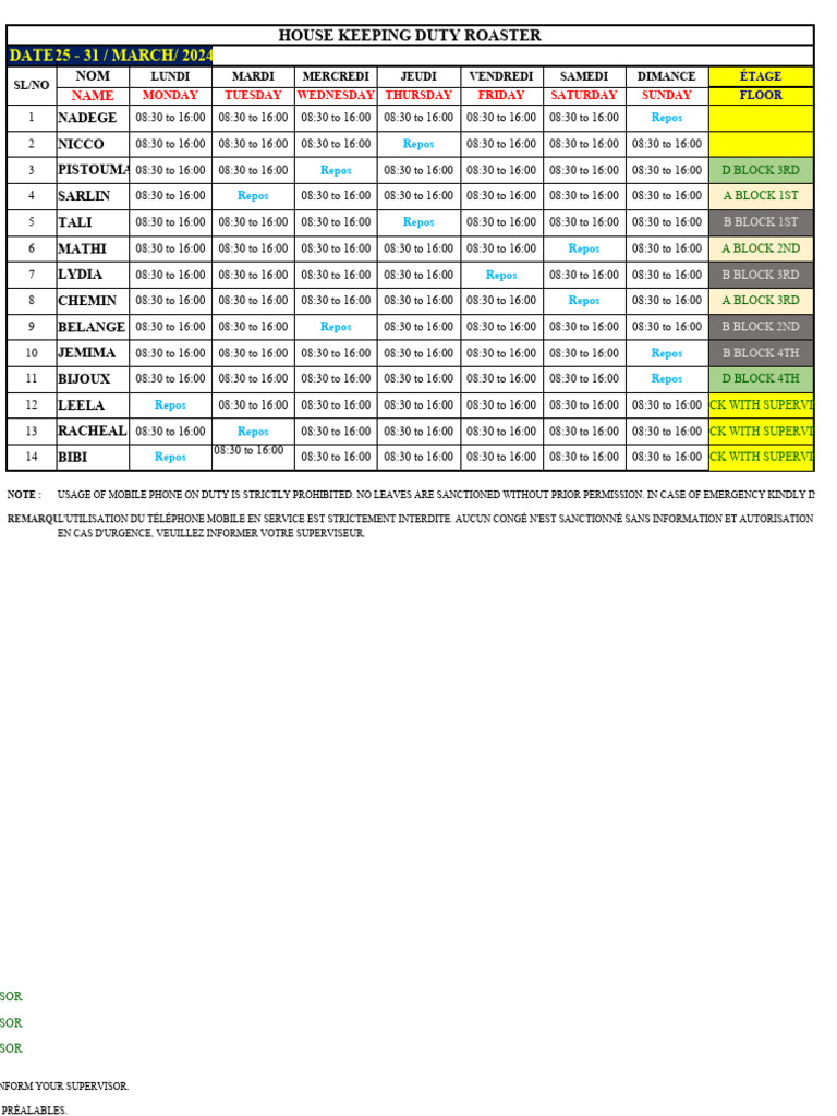 Duty Roster HOUSE KEEPING | PDF