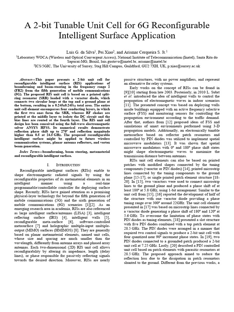 A 2-Bit Tunable Unit Cell For 6G Reconfigurable Intelligent Surface Application | PDF