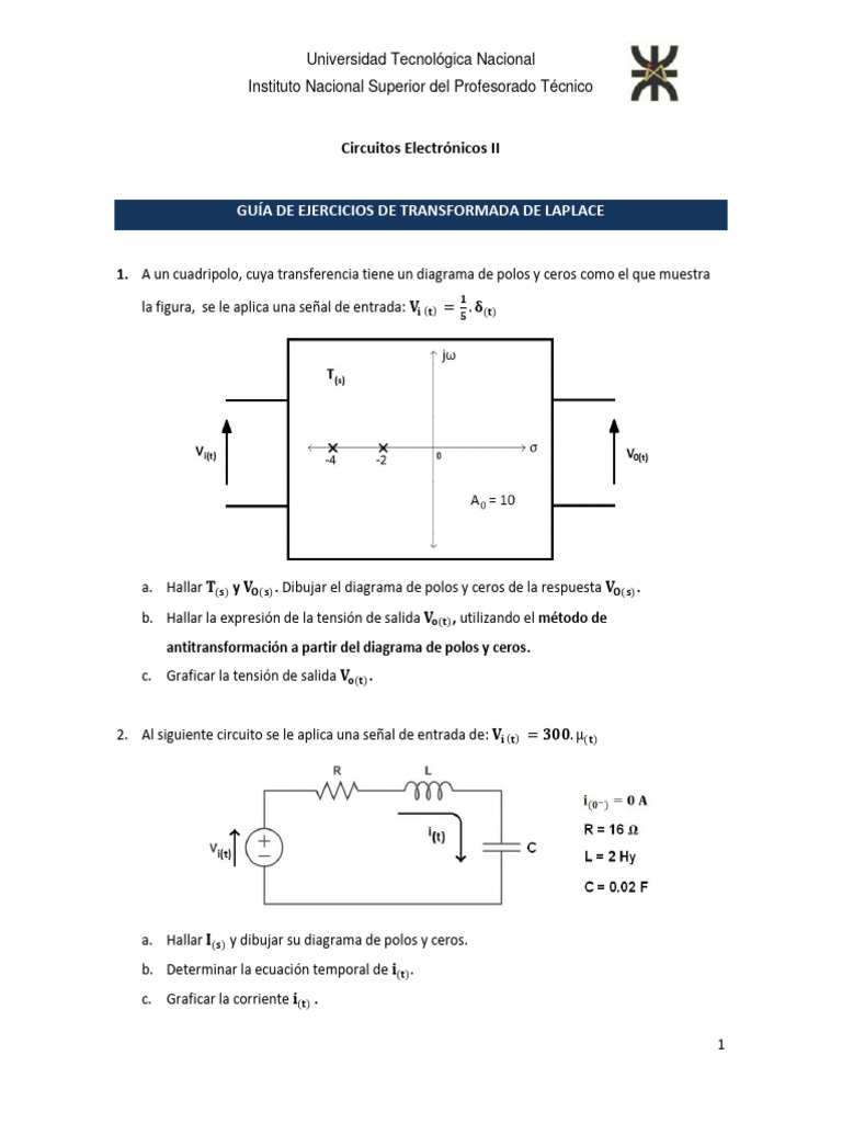 Guía de Ejercicios Transformada de Laplace | PDF | Red eléctrica | Electrónica