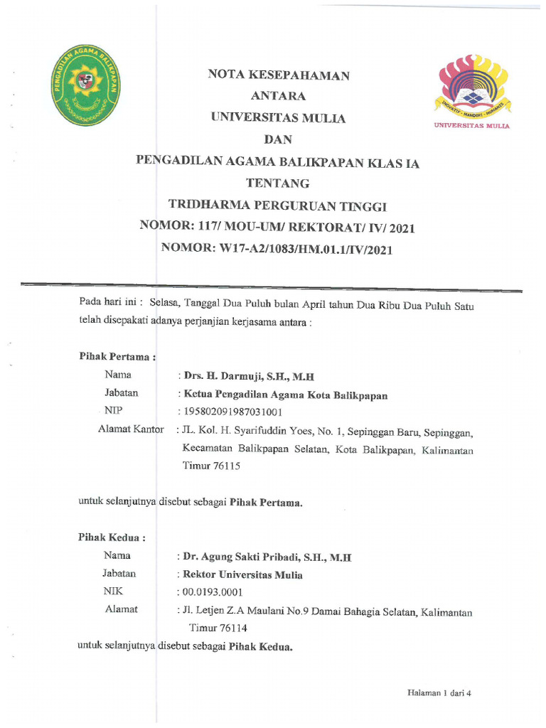 Nota Kesepahaman Univ. Mulia Dan PA. BPP | PDF