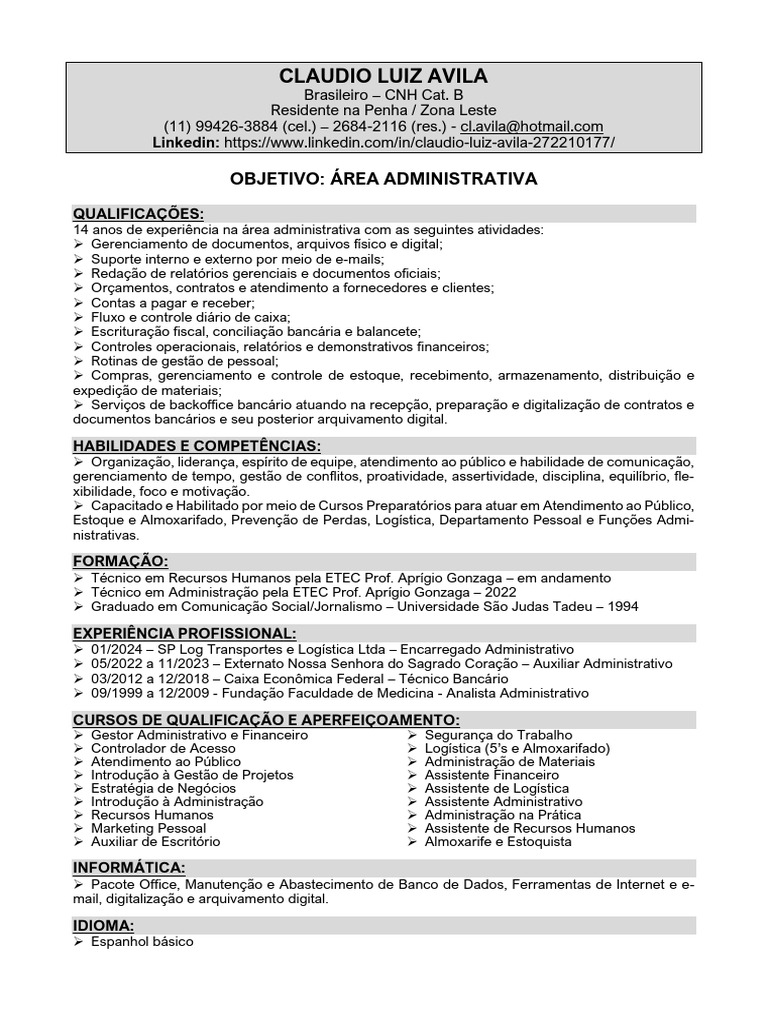 Currículo Claudio Avila - Área Administrativa 2024 | PDF | Gestão de recursos humanos | Logística